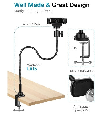 GOOSENECK FLEXIBLE ARM WEBCAM / PHONE ADJUSTABLE CLAMP MOUNT BLACK | I ...
